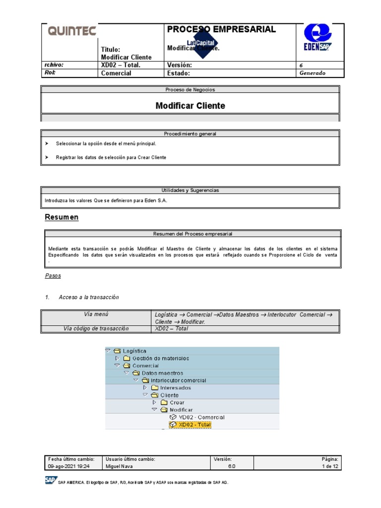 Modificación de Cliente en SAP XD02 | PDF | Business | Tecnologías de ...