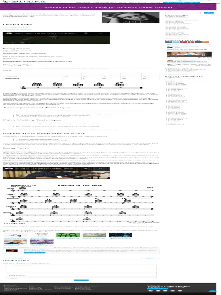 Rolling in The Deep Chords For Acoustic Guitar (Adele) | PDF | Song Structure | Music Theory