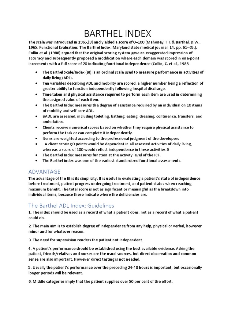 Barthel Index | PDF | Clinical Medicine | Medical Specialties