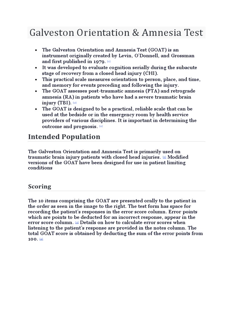Galveston Orientation and Amnesia Test GOAT | PDF | Traumatic Brain ...