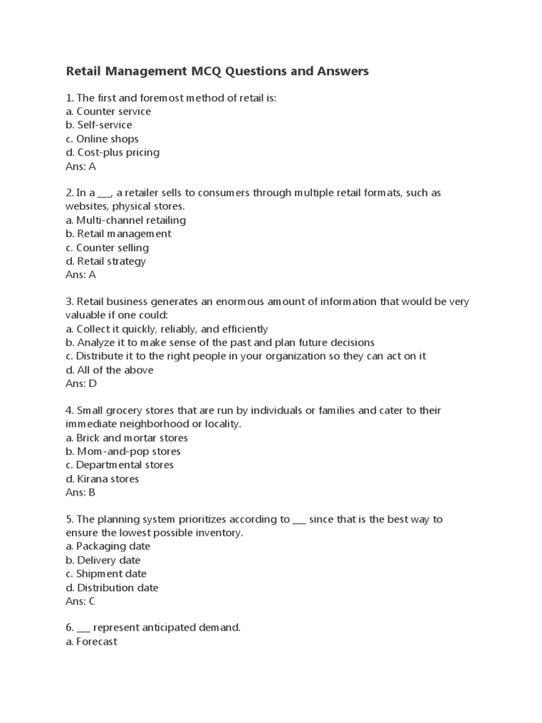 Retail Management MCQ Questions and Answers | Download Free PDF ...
