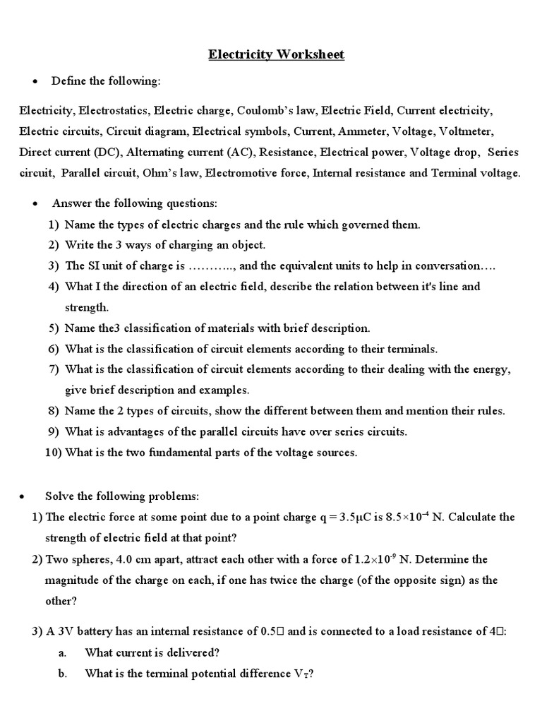 Electricity Worksheet | PDF | Electrical Network | Voltage