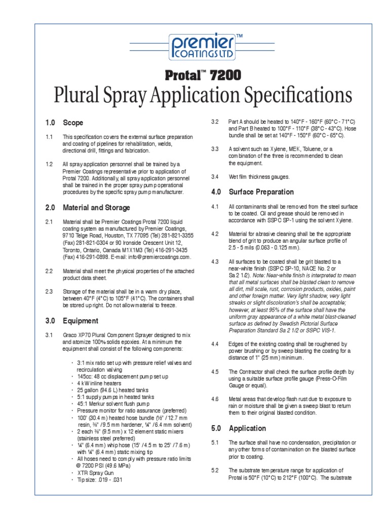Plural Spray Application Specifi Cations: Protal 7200 | PDF | Sheet ...