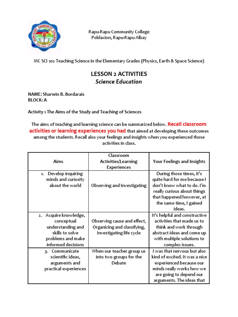 Lesson 2 Activities: Science Education | PDF | Science | Science Education