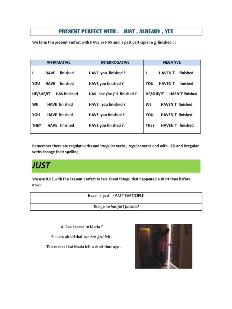 Present Perfect: Just, Already, Yet Explained | PDF | Perfect (Grammar ...