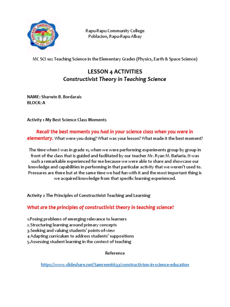 Constructivist Theory in Teaching Science: Lesson 4 Activities | PDF ...