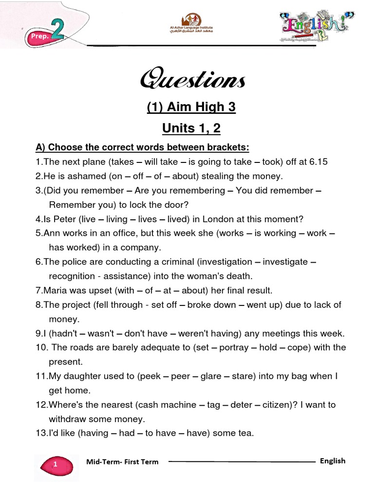 Questions: (1) Aim High 3 Units 1, 2 | PDF | Aramis