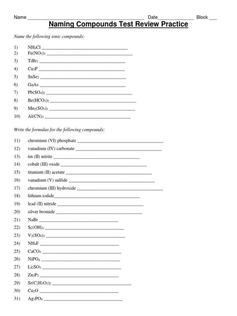 Naming Compounds Test Review | PDF | Covalent Bond | Ionic Bonding