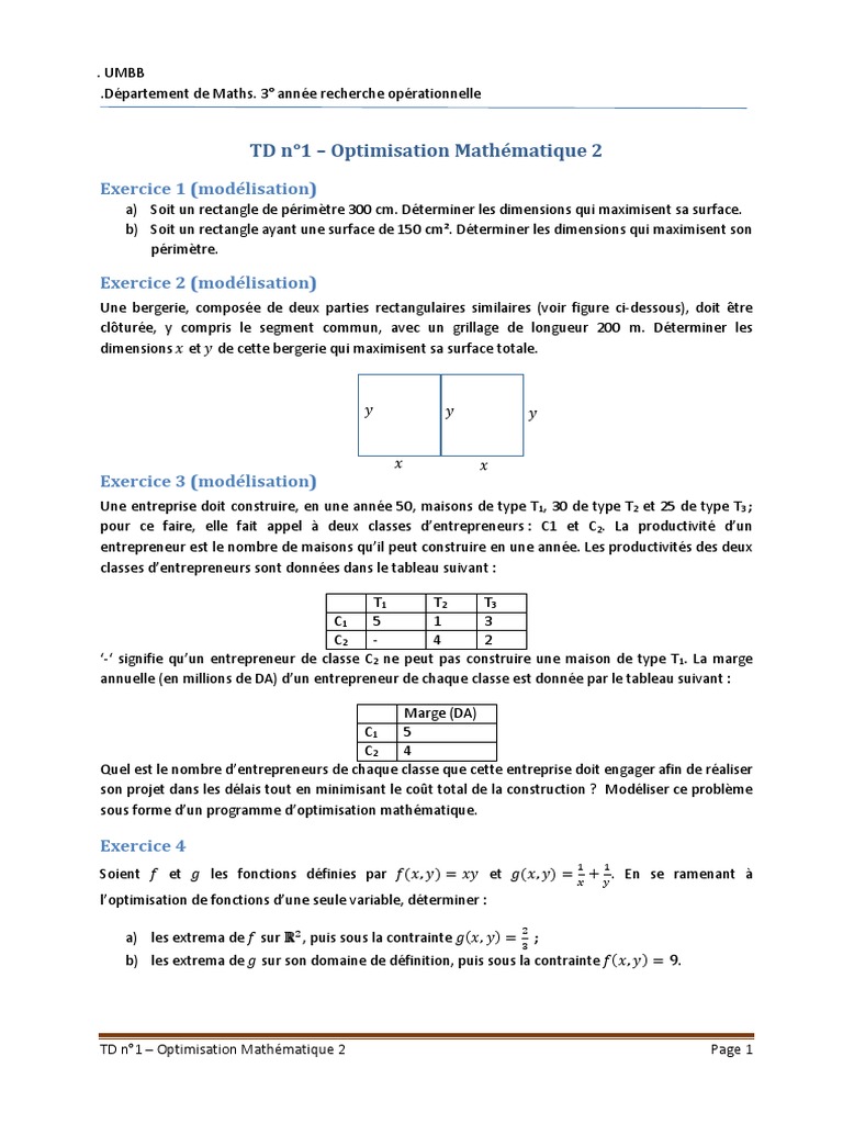 Exercices d'Optimisation Mathématique | PDF | Extremum | Fonction (Mathématiques)