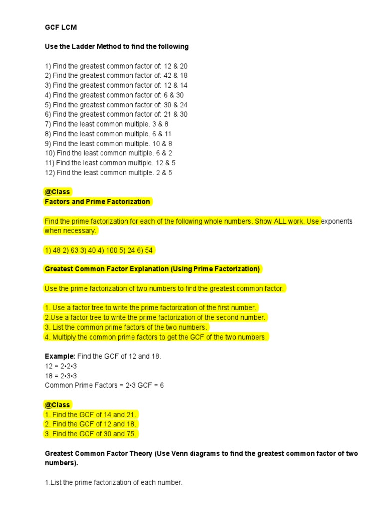 GCF LCM - Google Docs (Highlights) | PDF | Multiplication | Factorization