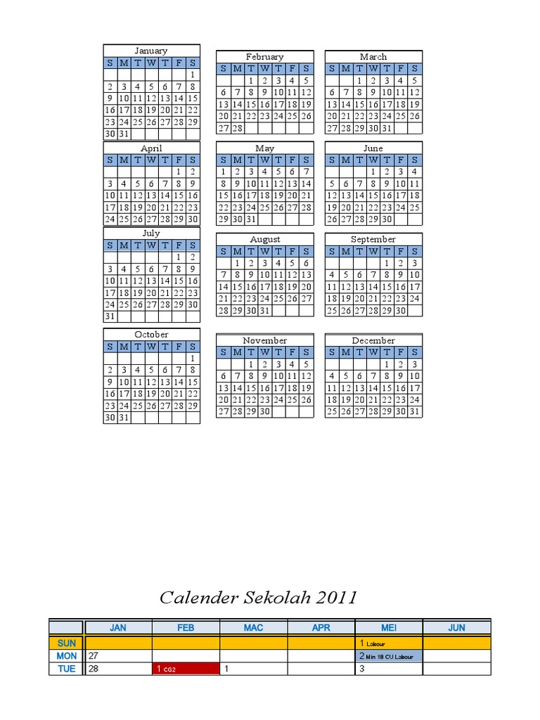 Calender Sekolah 2011: JAN FEB MAC APR MEI JUN SUN MON TUE | PDF