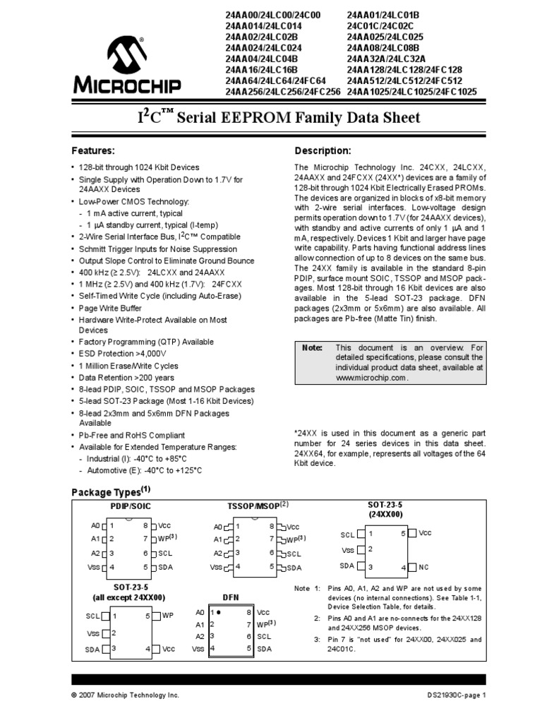 I C Serial EEPROM Family Data Sheet: Features: Description | PDF | Bit | Electricity