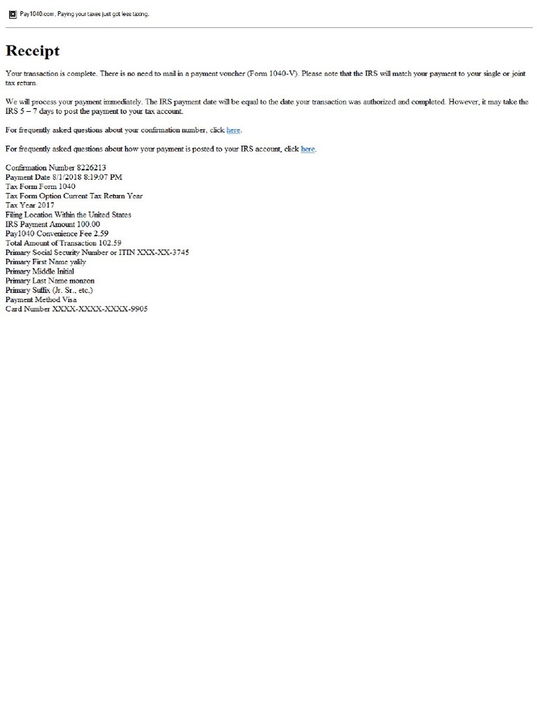 Pay1040 Receipt 1.8.2018 | PDF