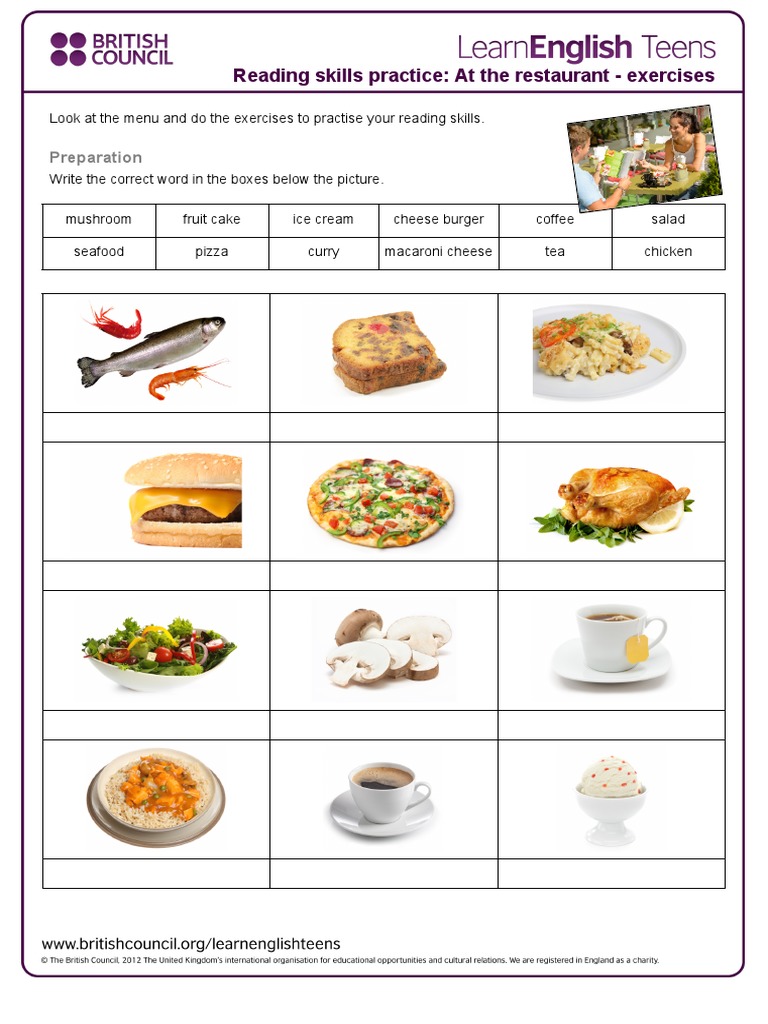 Restaurant Reading Exercises PDF | PDF | Cooking, Food & Wine | Wellness