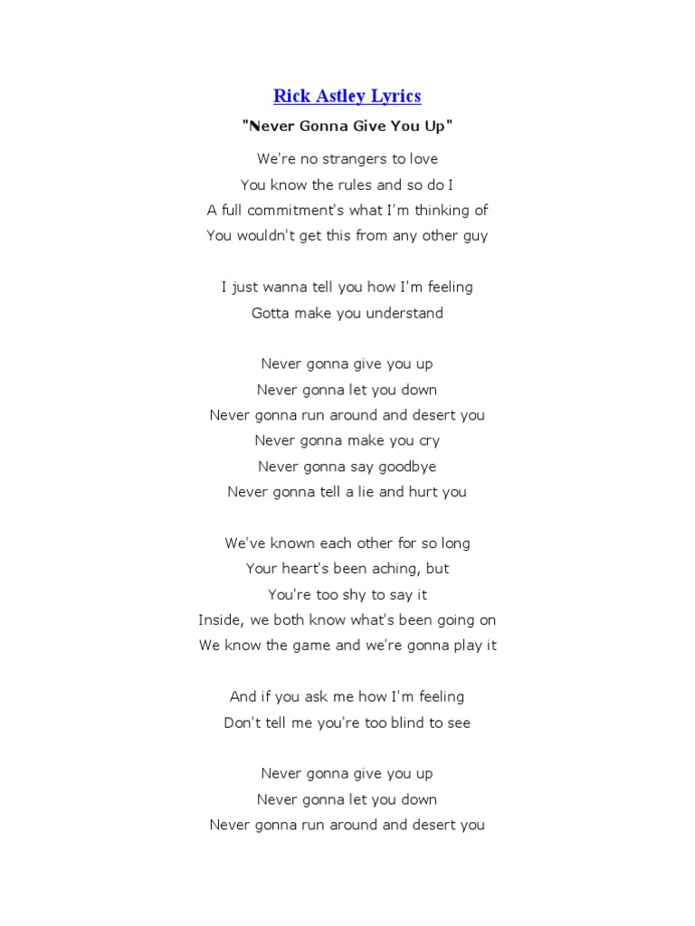 Rick Astley Lyrics: "Never Gonna Give You Up" | PDF