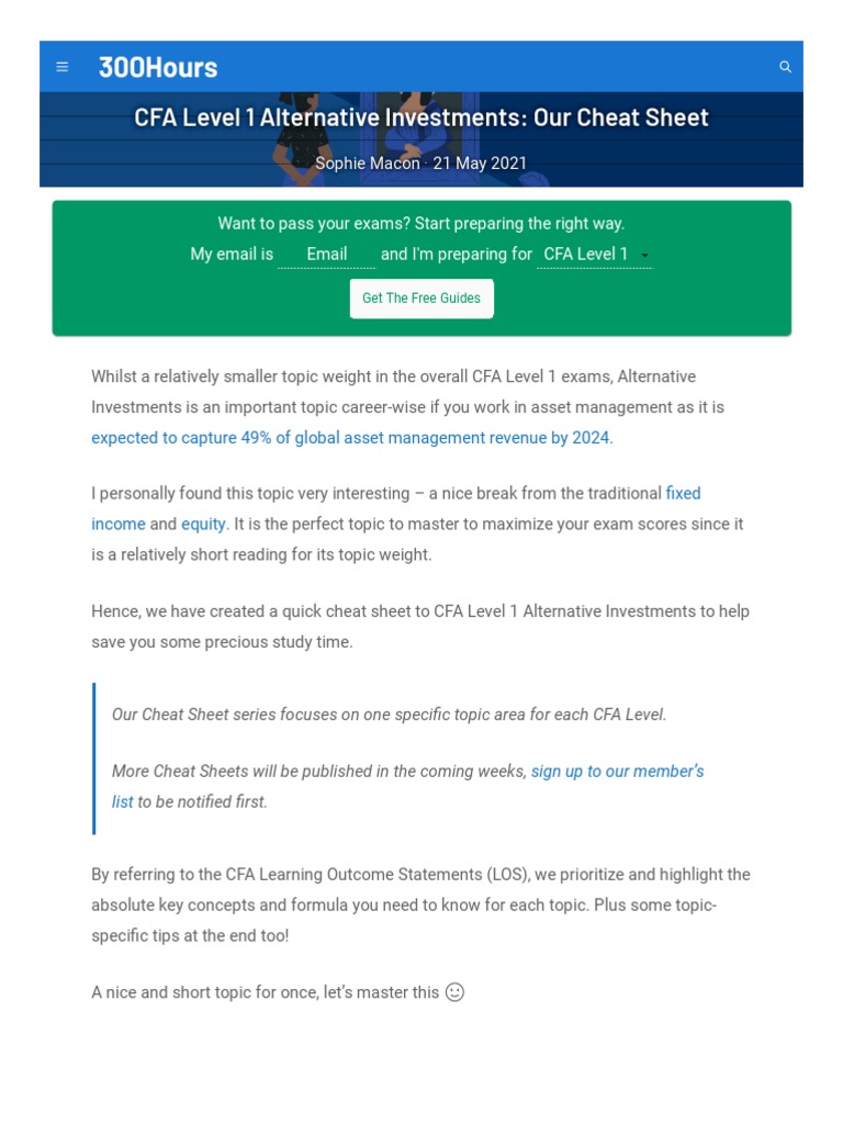 CFA Level 1 Alternative Investments - Our Cheat Sheet - 300hours | PDF ...