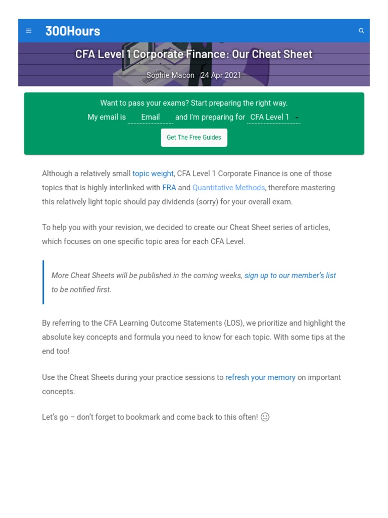 CFA Level 1 Corporate Finance - Our Cheat Sheet - 300hours | PDF ...