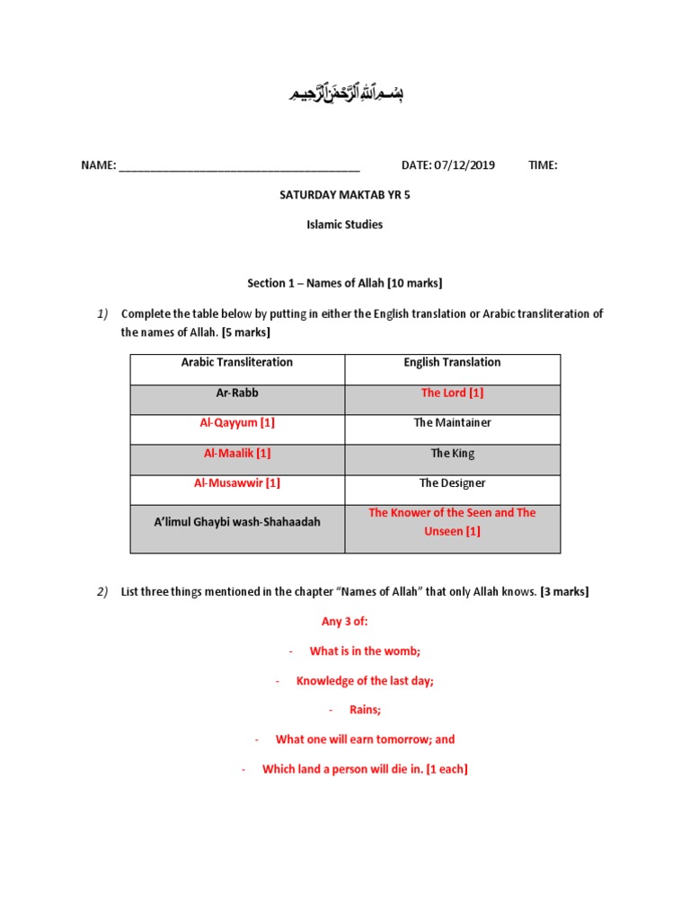 Islamic Studies Year 5 Test Guide | PDF | Prophets And Messengers In ...