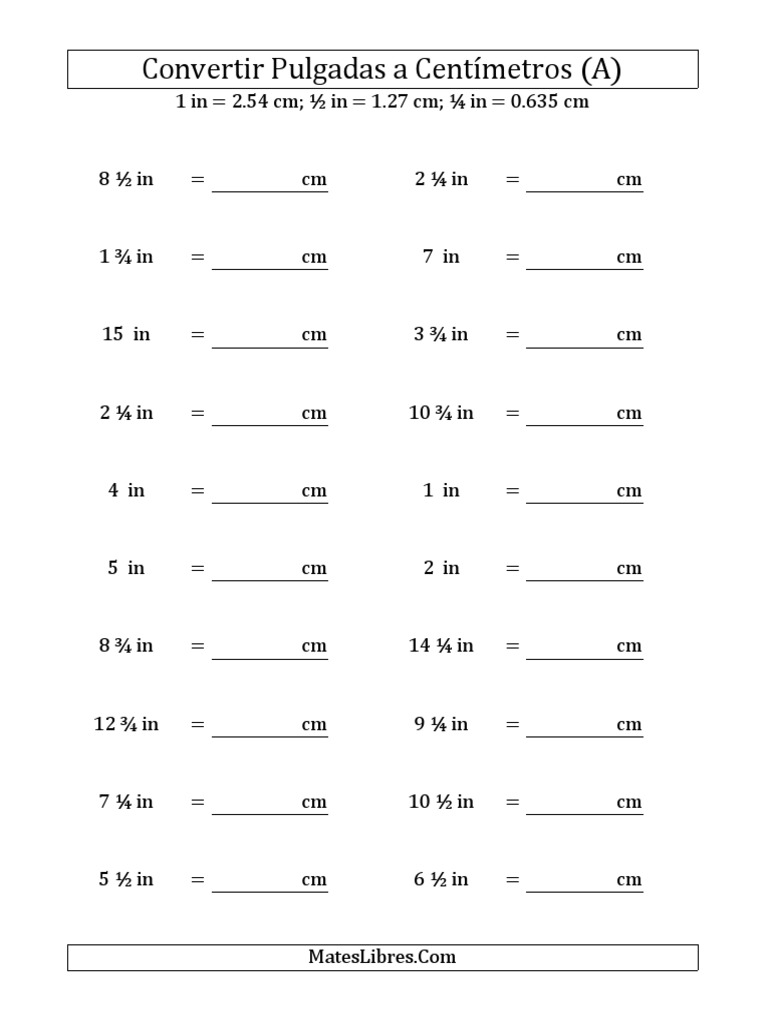 Convertir Pulgadas A Centímetros (A) | PDF