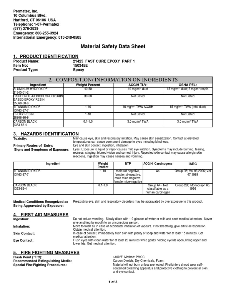 Permatex 21425 Fast Cure Epoxy MSDS | PDF | Dangerous Goods | Firefighting
