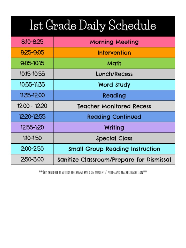 1st Grade Daily Class Schedule | PDF