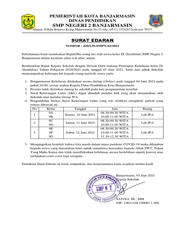 Surat Edaran Kelulusan 2020-2021 | PDF