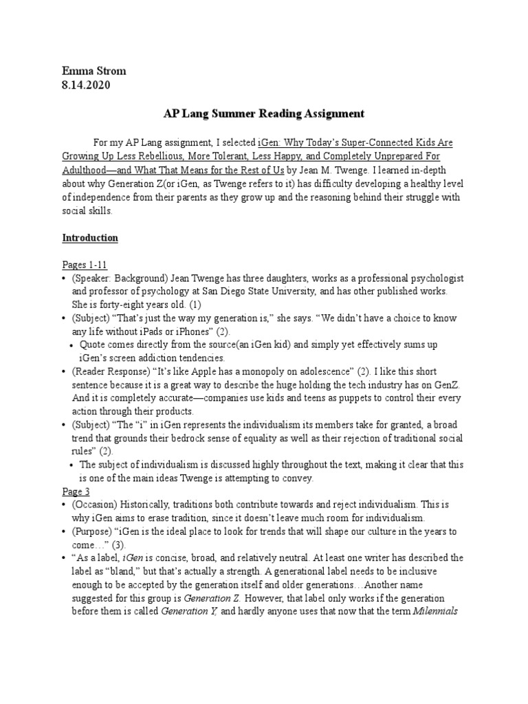 Emma Strom 8.14.2020: AP Lang Summer Reading Assignment | PDF ...