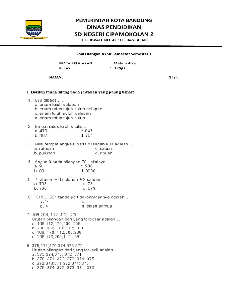 Soal UAS Matematika Kelas 3 Semester 1 | PDF | Metode & Bahan Ajar