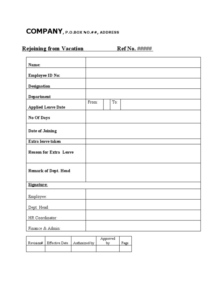 Rejoining From Vacation Form | PDF