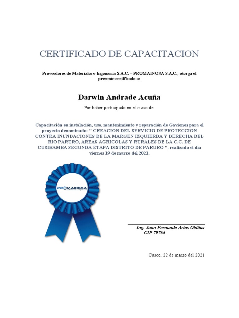 Certificado de Capacitacion | PDF