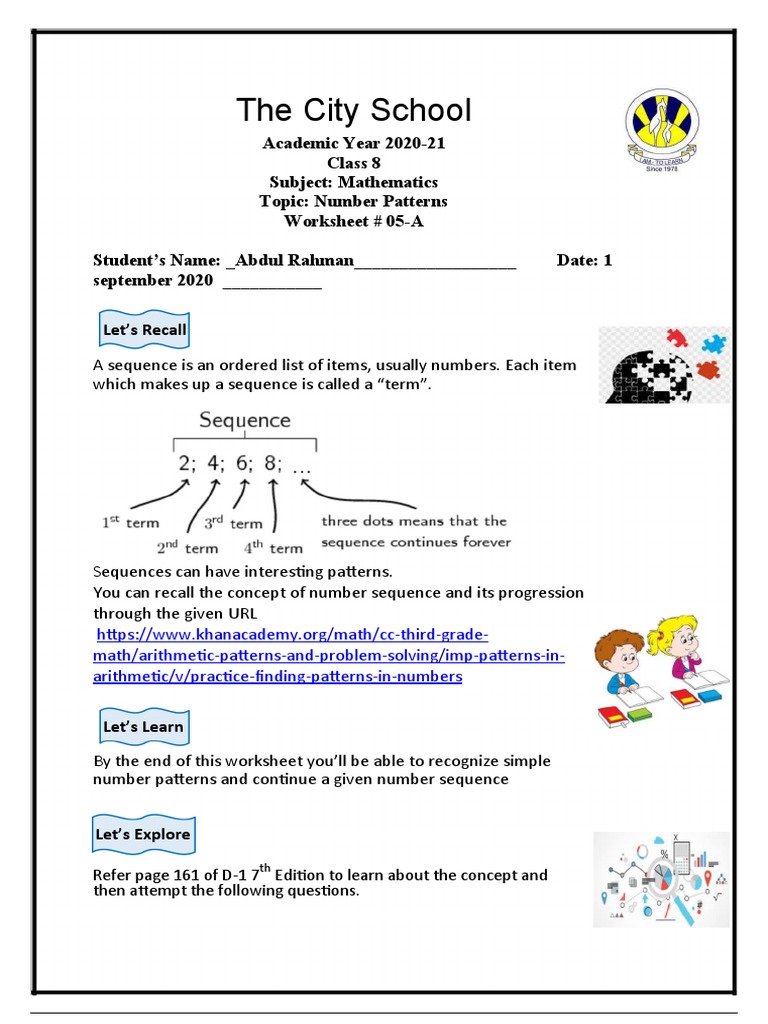 Class 8 Math Worksheet 05-A Sequences (Turned In) | PDF | Worksheet ...