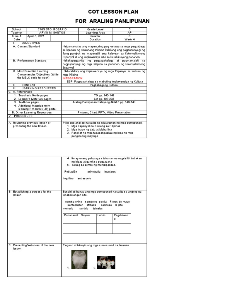 Cot Lesson Plan For Math | PDF