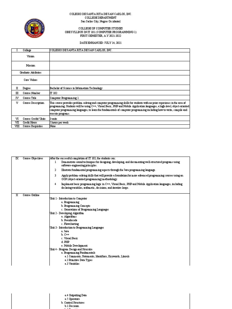 It102 Com Prog 1 Syllabus | PDF | Object Oriented Programming ...