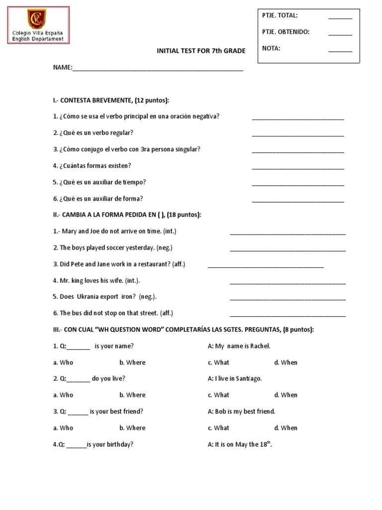 Initial Test For 7th Grade | PDF