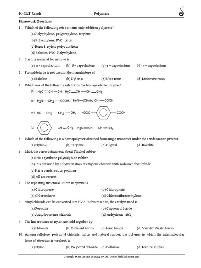Polymers K-CET Crash: Homework Questions | PDF | Polymers | Nylon