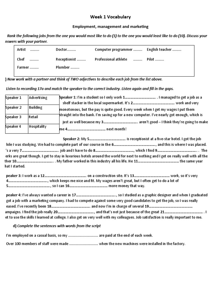 Week 1 Vocabulary: Employment, Management and Marketing | Download Free ...