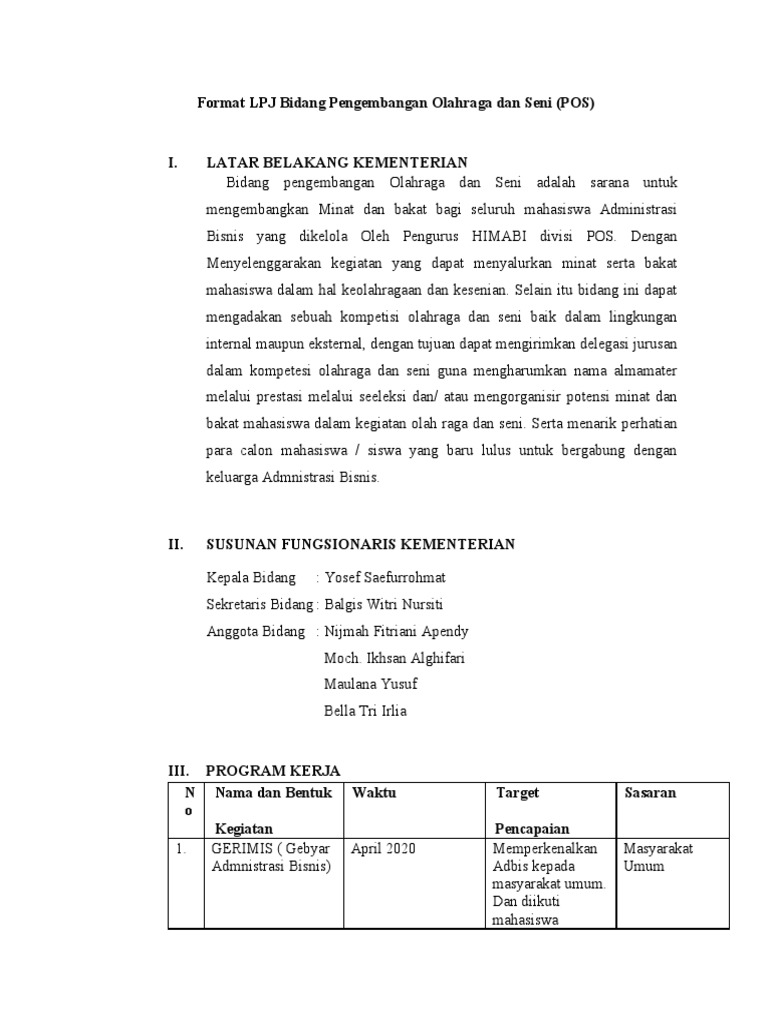 Format LPJ Pengembangan Olahraga dan Seni | PDF