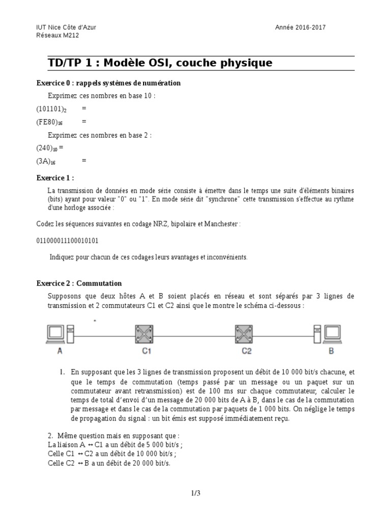 TD/TP 1: Modèle OSI, Couche Physique: Exercice 0: Rappels Systèmes de Numération | PDF | Modèle ...
