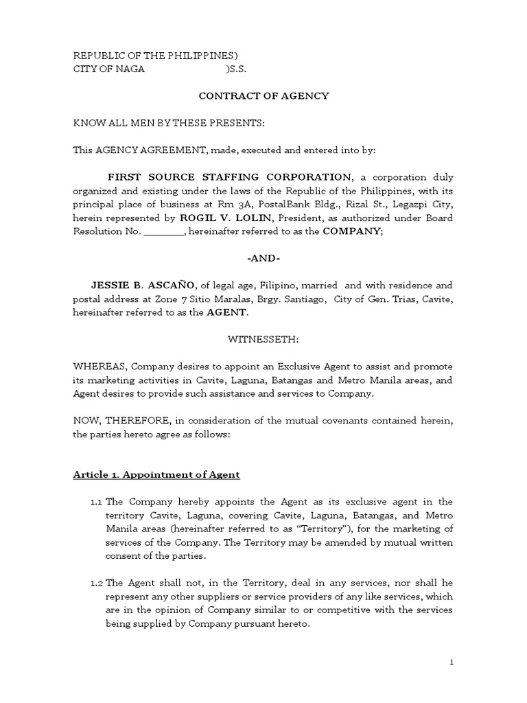 Contract of Agency | PDF | Payments | Confidentiality