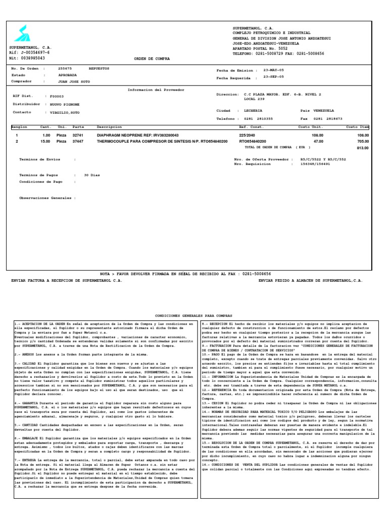 Supermetanol, C.A. Rif: J-00354697-6 Nit: 0038985043 Orden de Compra | PDF