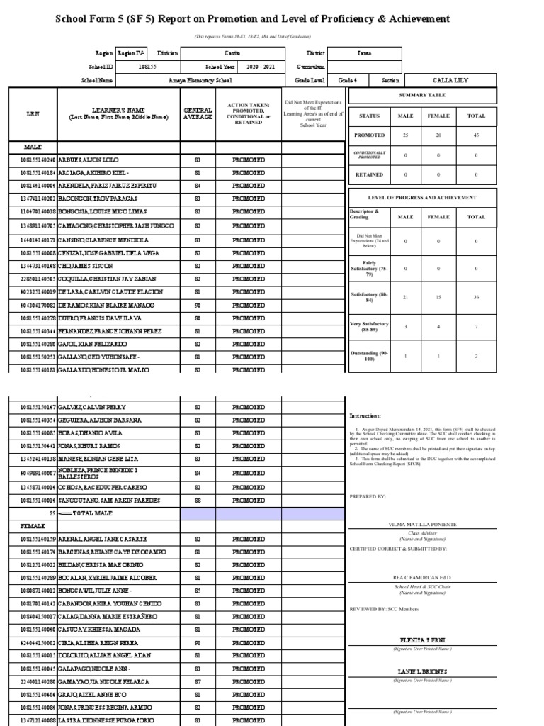 School Form 5 (SF 5) Report On Promotion and Level of Proficiency ...