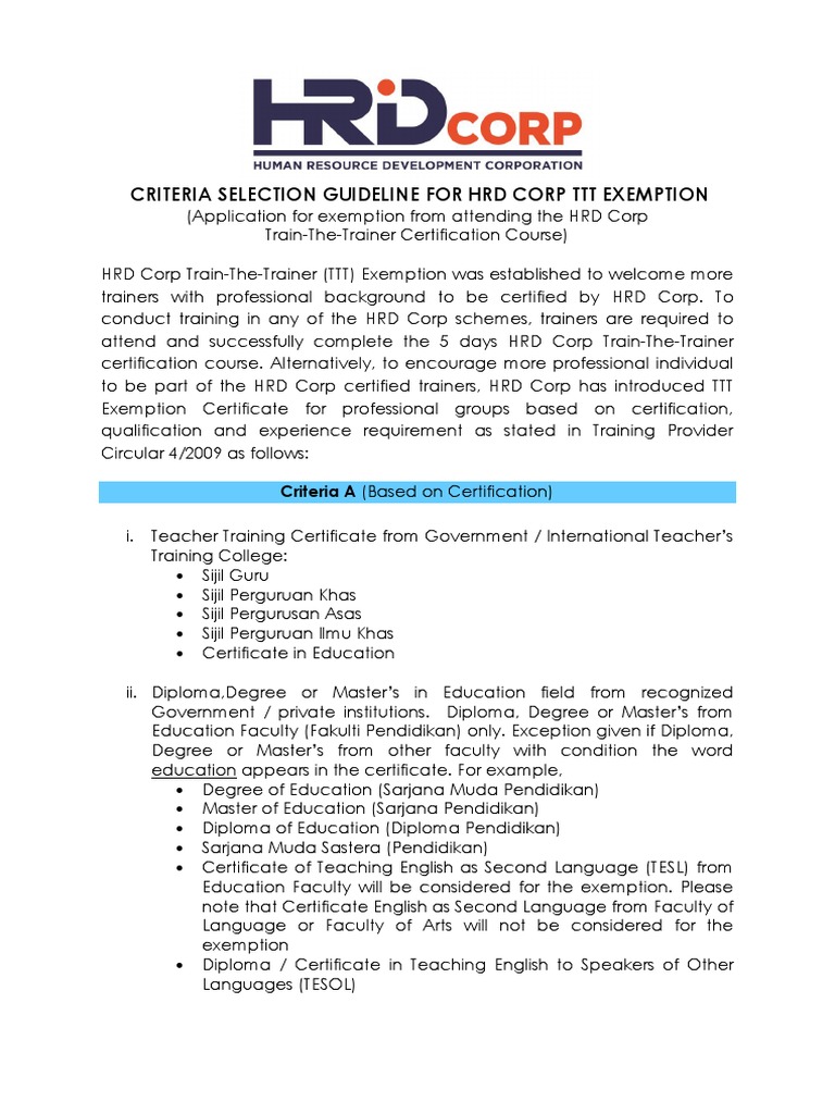 HRD Corp TTT Exemption Criteria Guide | PDF | Vocational Education ...