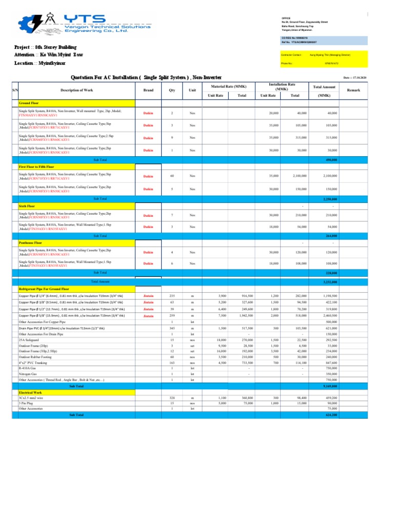 AC Installation Quotation for 8-Storey Building | PDF | Pipe (Fluid ...