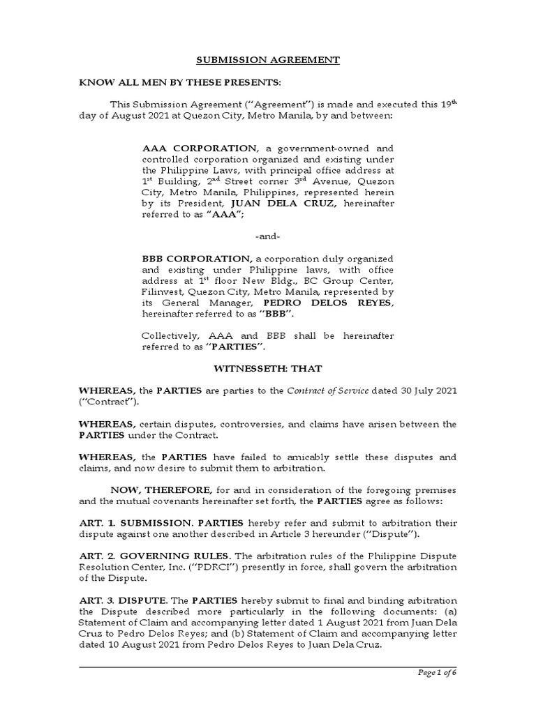 Submission Agreement - Descallar | PDF | Arbitration | Civil Law ...