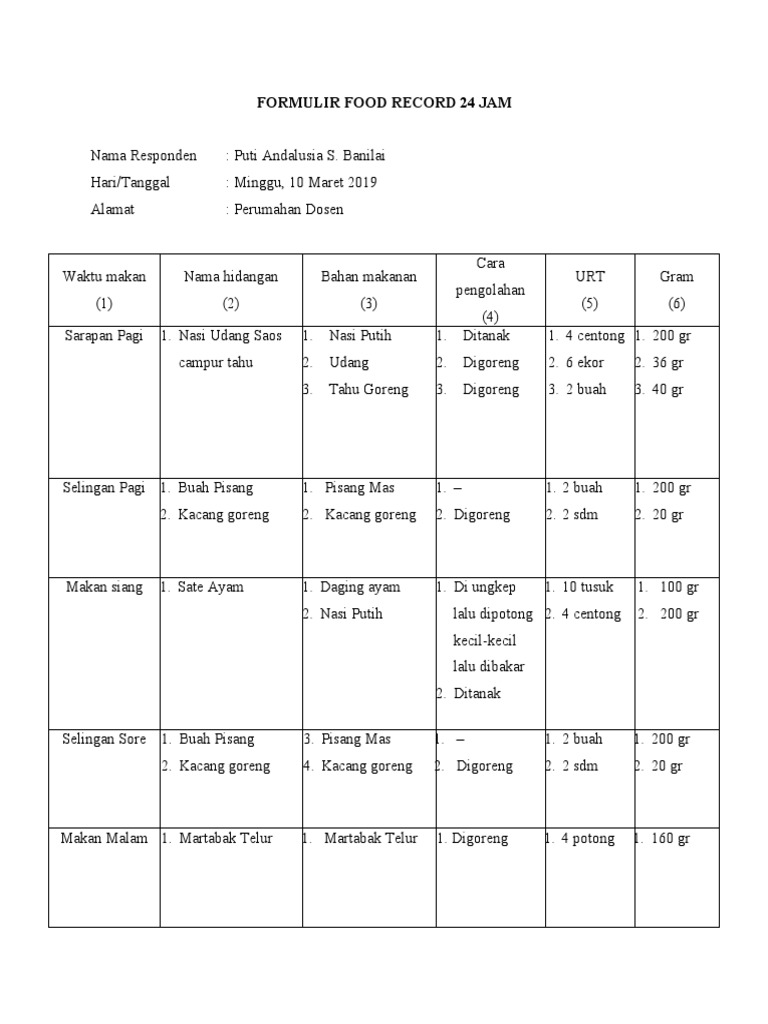 Formulir Food Record 24 Jam | PDF