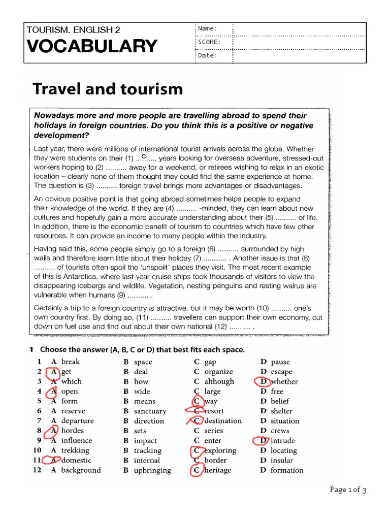 Paper. Vocabulary. Travel and Tourism | PDF