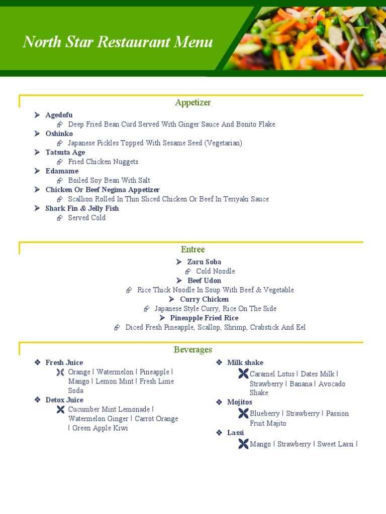 North Star Restaurant Menu: Appetizer | PDF | Fudge | Curry