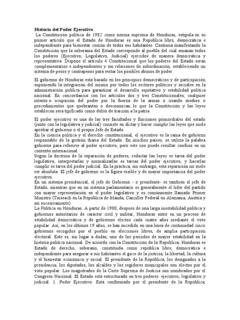 Poder Ejecutivo de Honduras | PDF | Constitución | Separación de poderes