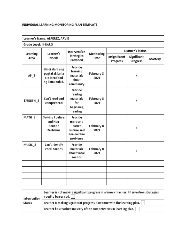 Week - 5 - Individual Learning Monitoring Plan Template | PDF ...