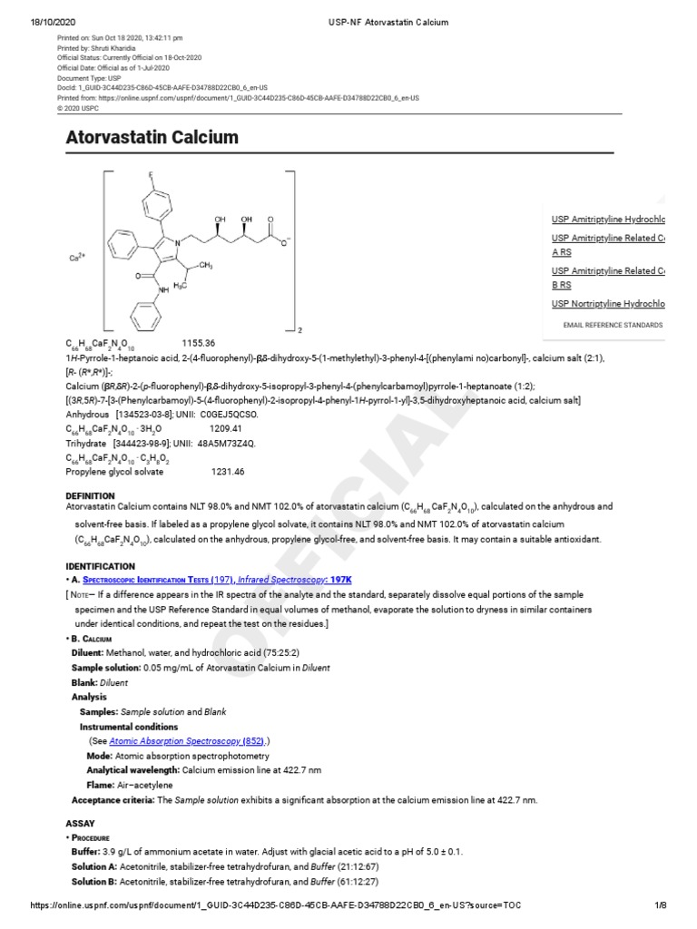 USP-NF Atorvastatin Calcium | PDF | Chromatography | Chemistry